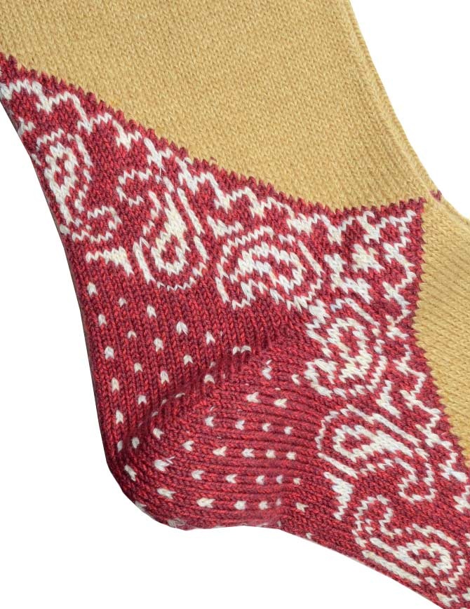 Kapital mustard-colored socks with red heel